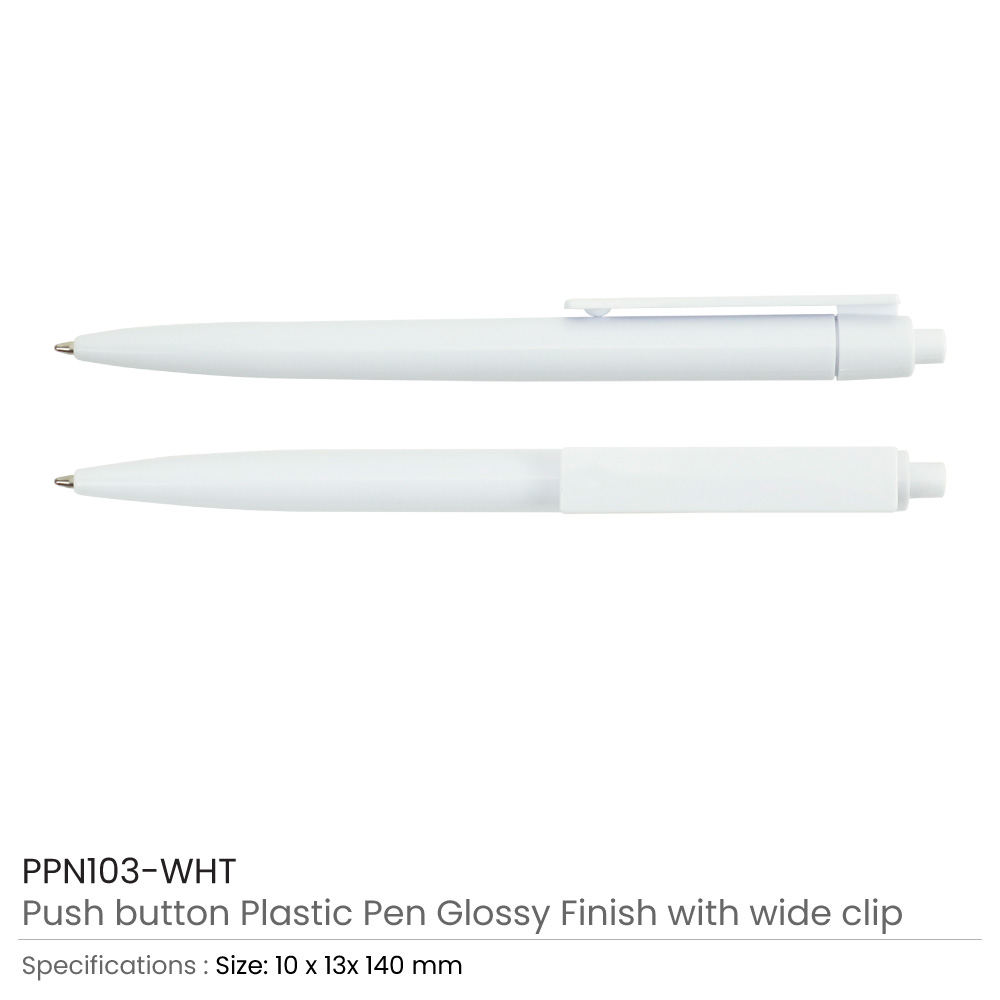 Plastic Pens White Color, Push Button, Wide Clip | Promotional Gifts ...
